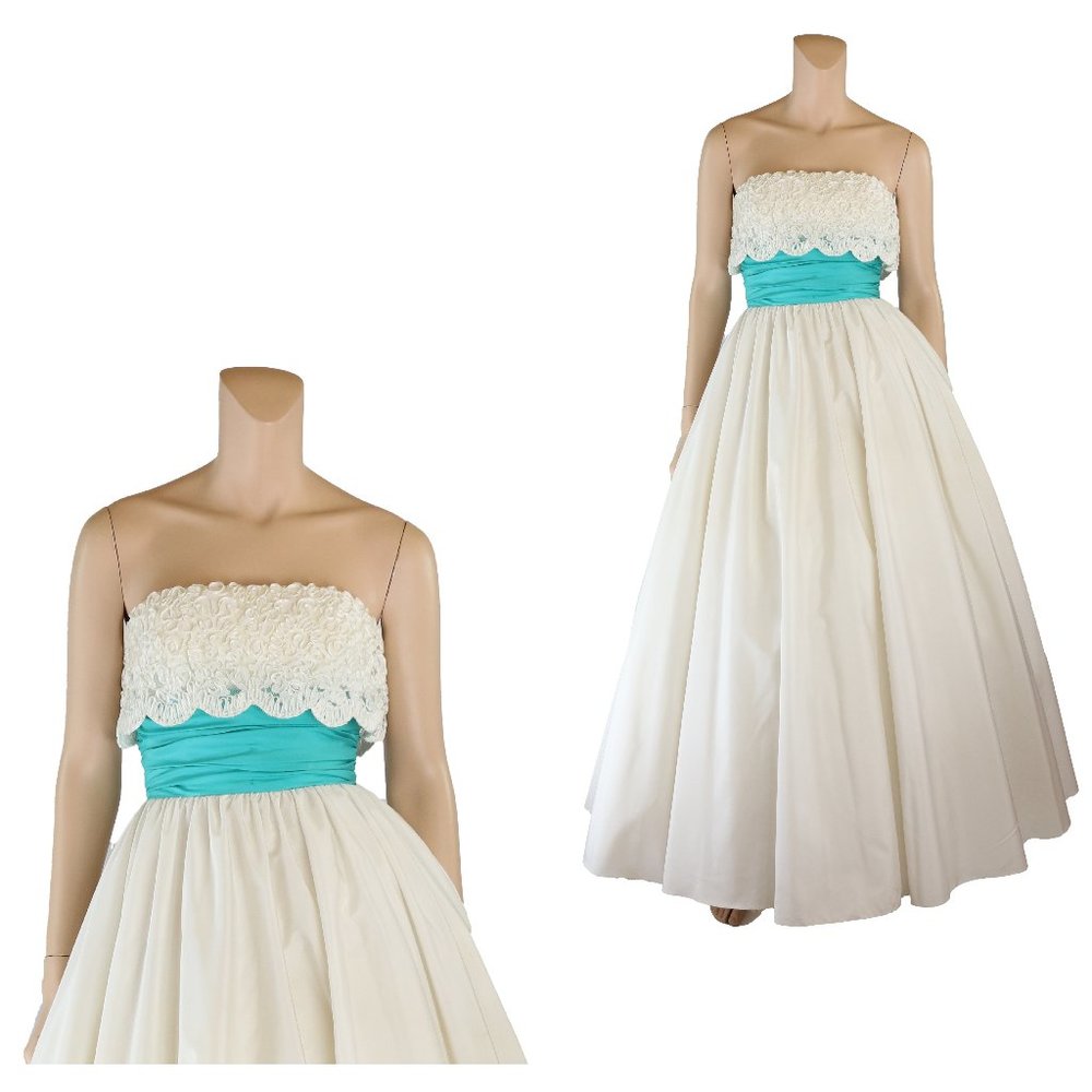 Mike Benet Vintage 80s White & Blue Taffeta Ball Gown… - Gem
